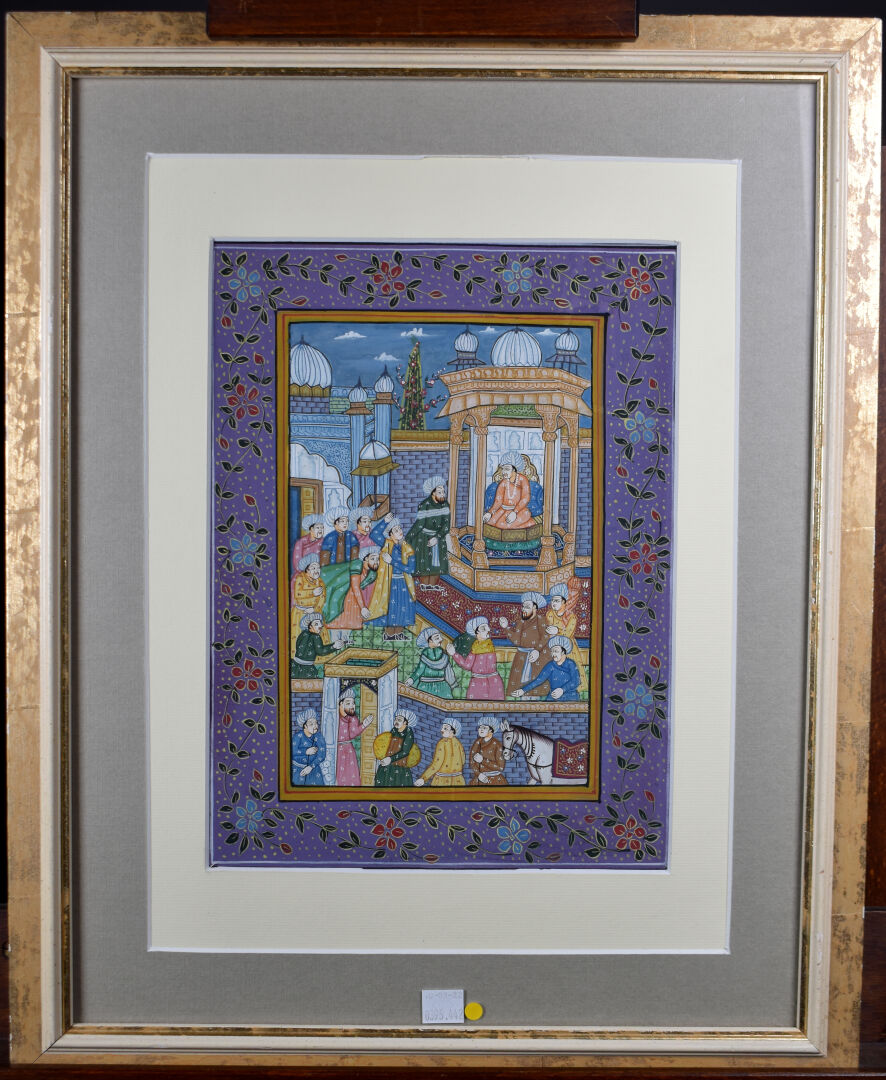 Enluminure sur toile représentant une scène de Palais. Perse, XXe ...