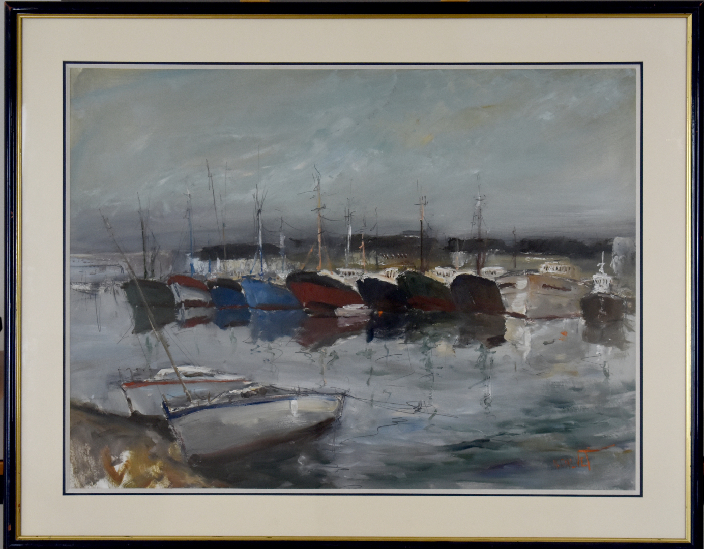 Michel CALVET (né en 1956). Bateaux au mouillage. Huile sur papier ...