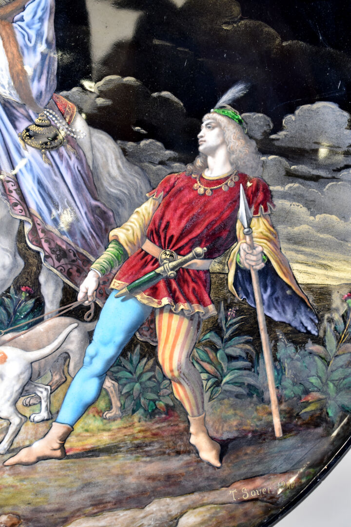 Théophile SOYER (1853 - 1940). Plat circulaire émaillé en polychromie d ...