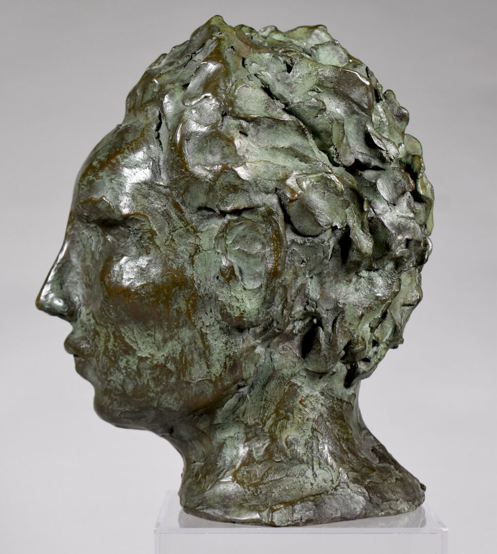 Yolande CARTIGNY (XXe siècle). Tête en bronze patiné vert et brun ...